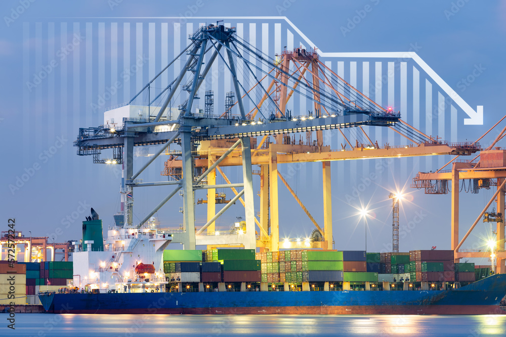 Cargo ship, cargo container work with crane at dock, port or harbour ...
