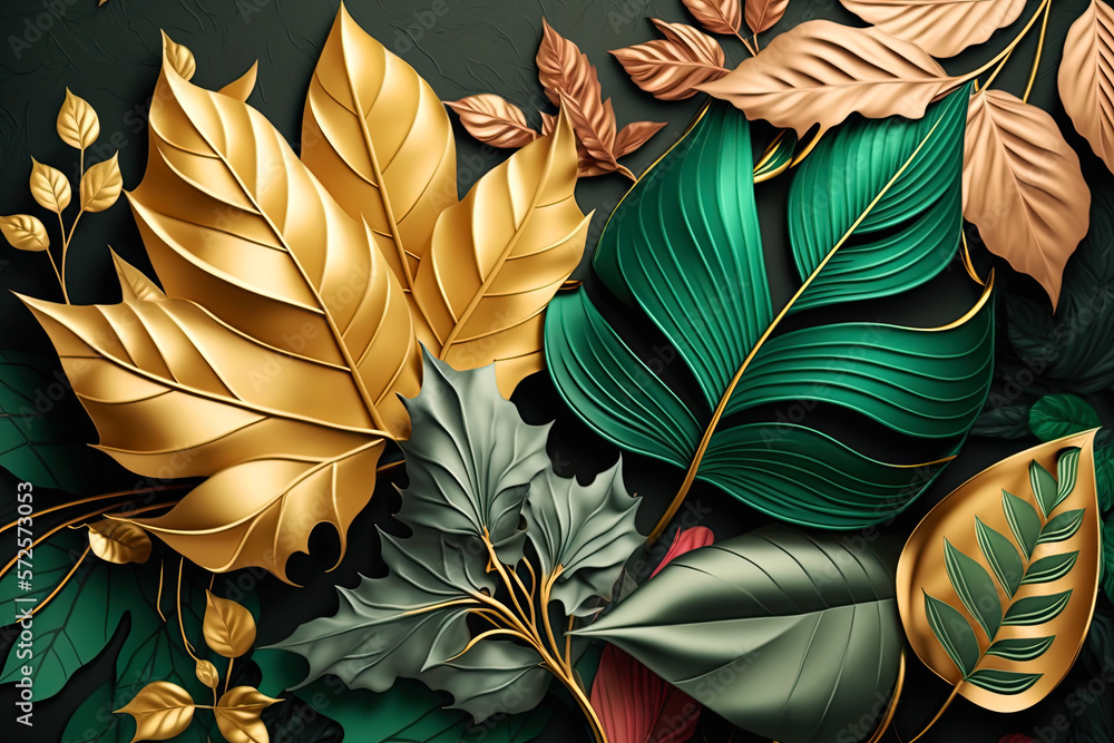 Leaves background. 3d mural floral wallpaper. golden and green f leaves ...