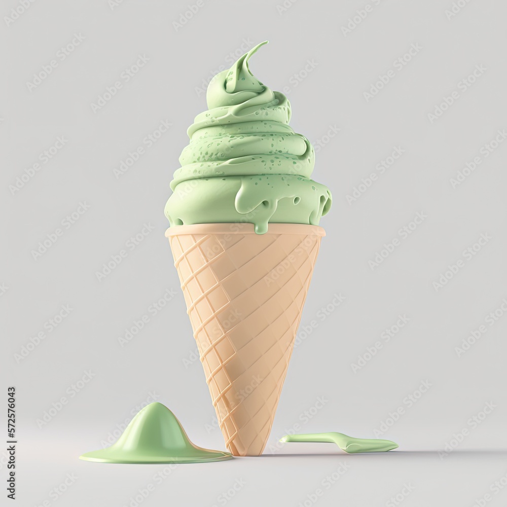Minimalist 3D render of a creamy, soft-serve matcha ice cream cone with ...