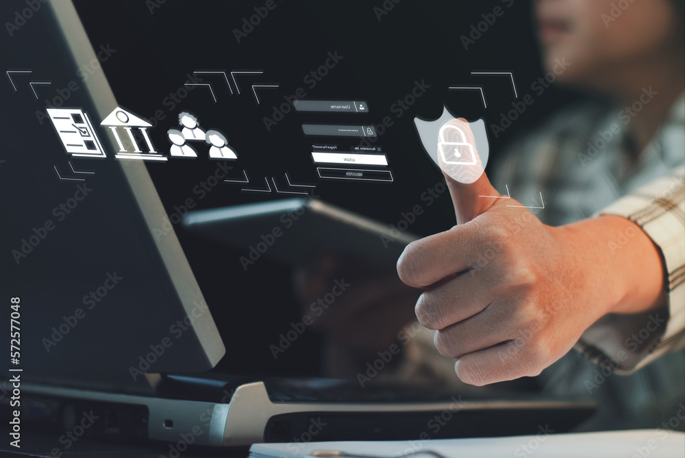 Cyber Security Internet and Networking Concepts. businessman hand touch on screen icon and ...