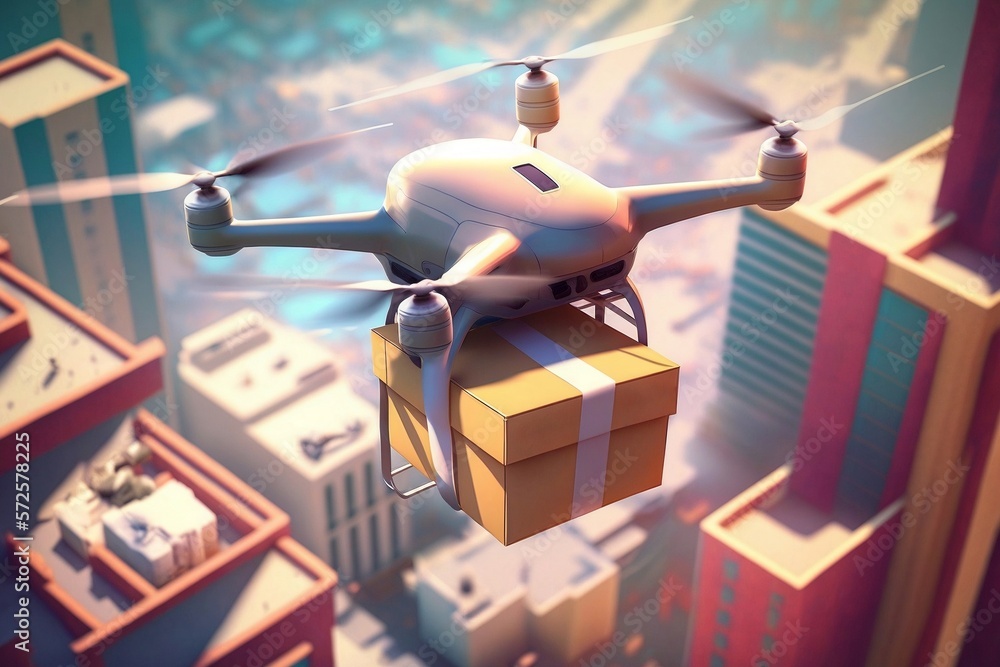 Cargo delivery drone flies over a large city. Unmanned delivery concept ...