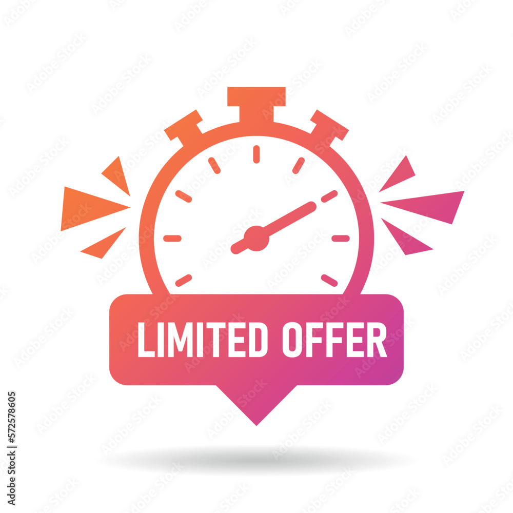 Limited offer icon in flat style. Promo label with alarm clock vector ...