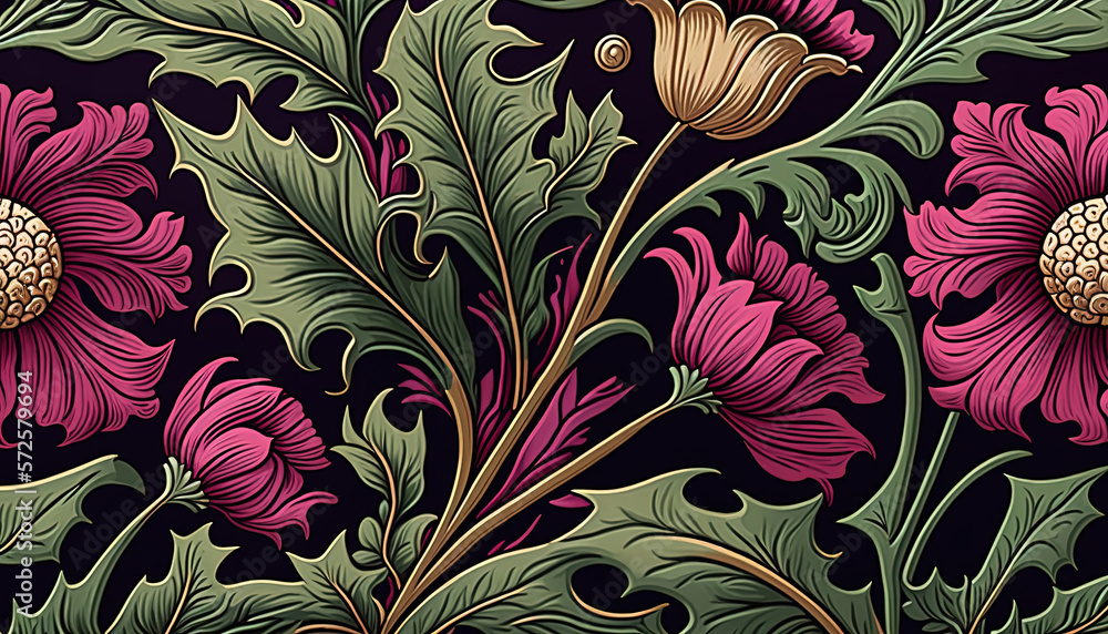 Generative AI, Floral pattern. William Morris inspired natural plants ...