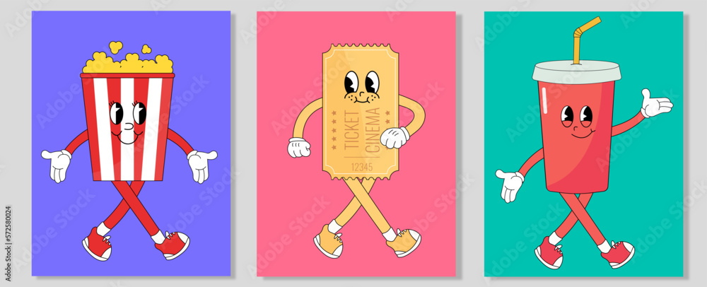 Popcorn, soda drink, ticket. Cute cartoon characters with hands, legs ...