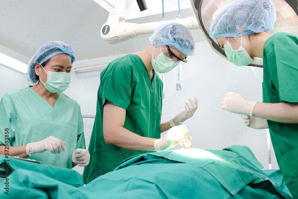 An Asian medical team performs facial surgery on a female patient lying ...