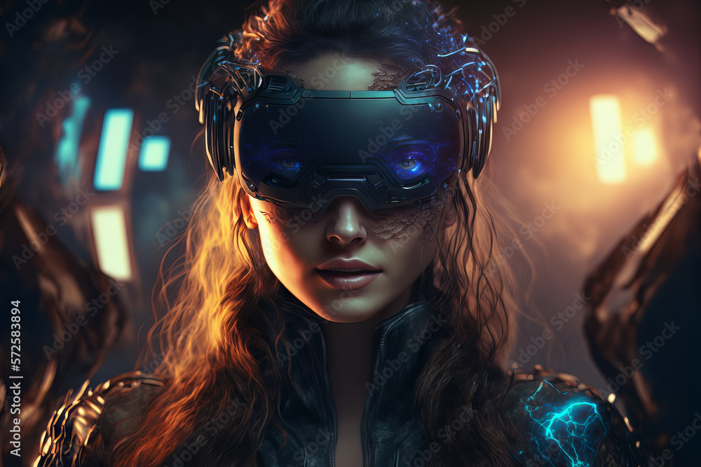 Beautiful futuristic woman using virtual reality glasses in the ...