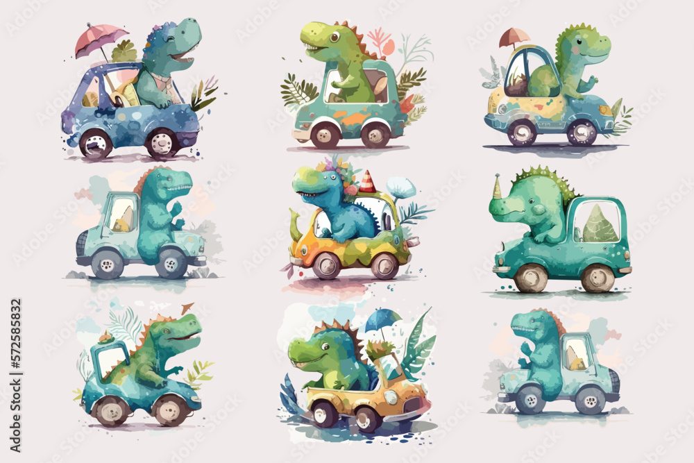 Cute doodle dinosaur driving a car, riding baby dinosaur with ...