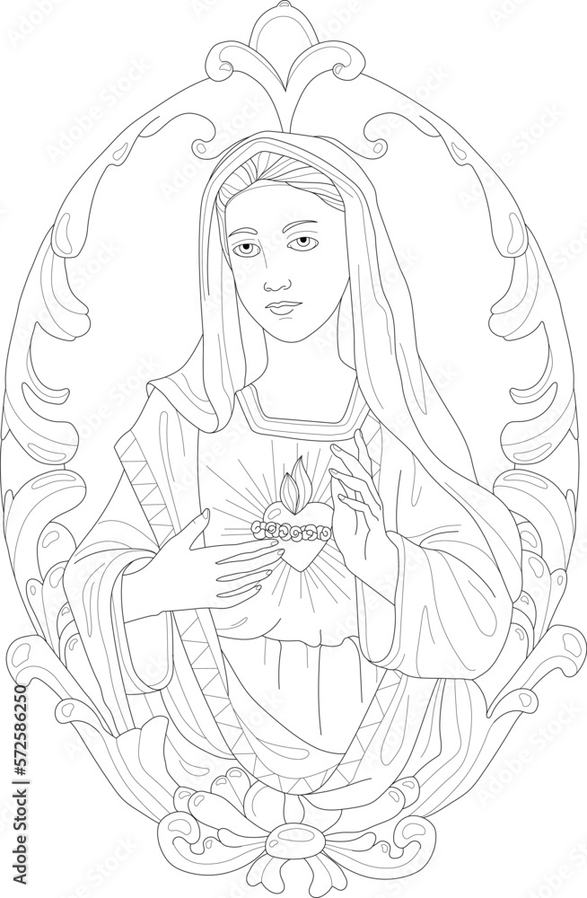 Christian St. Maria portrait in vintage frame graphic sketch template ...