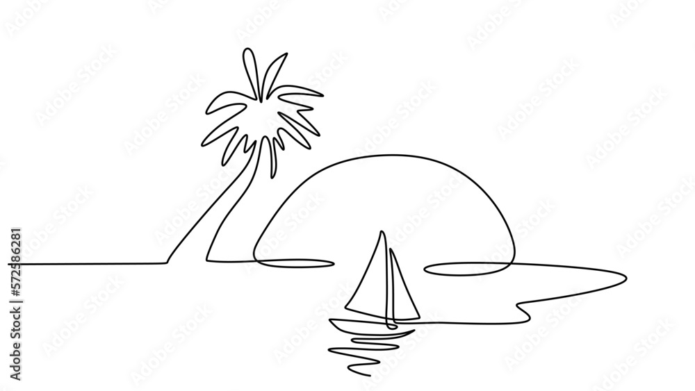 One line drawing of sunset beach and boat isolated on white background ...