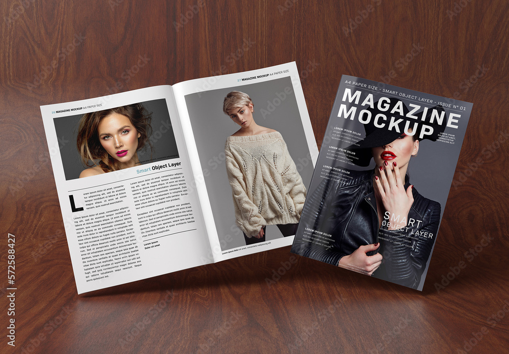 Magazine Cover and Open Magazine Mockup on wood Background Stock ...