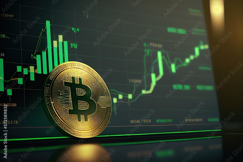 Bitcoins and New Virtual money concept. Gold bitcoins with green Candle stick graph chart and ...