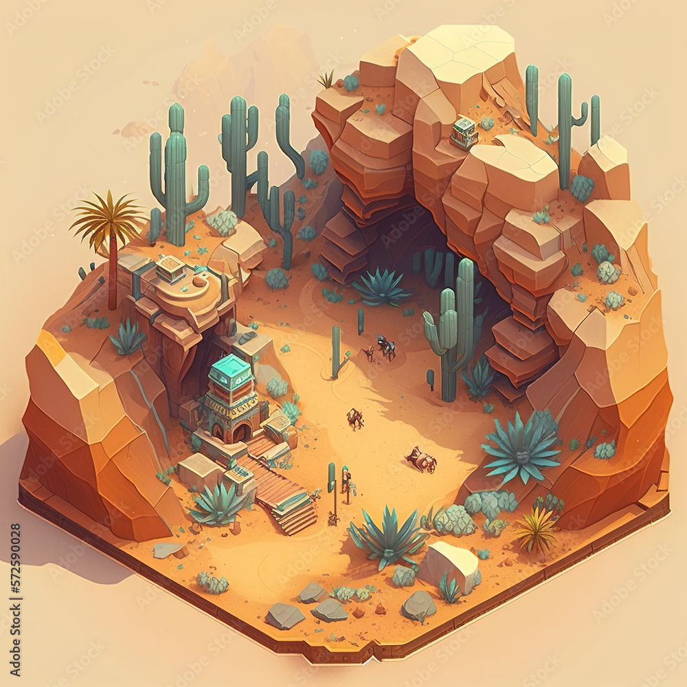 Cube shape desert with cactus and mountains, Arizona desert landscape ...