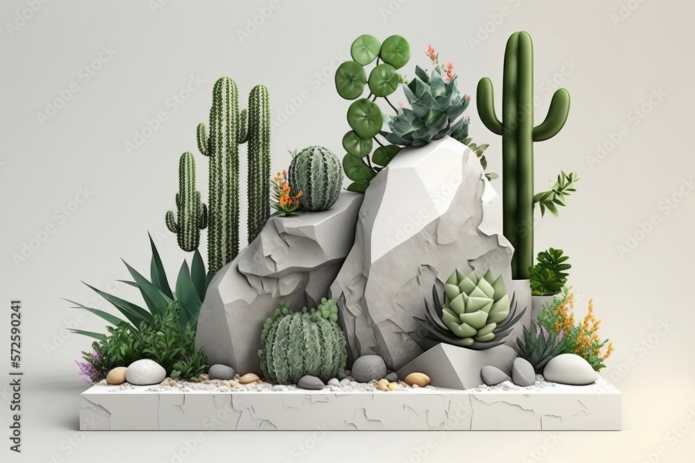 Stone podium, cosmetic display stand with nature leaves on white background, succulents and ...