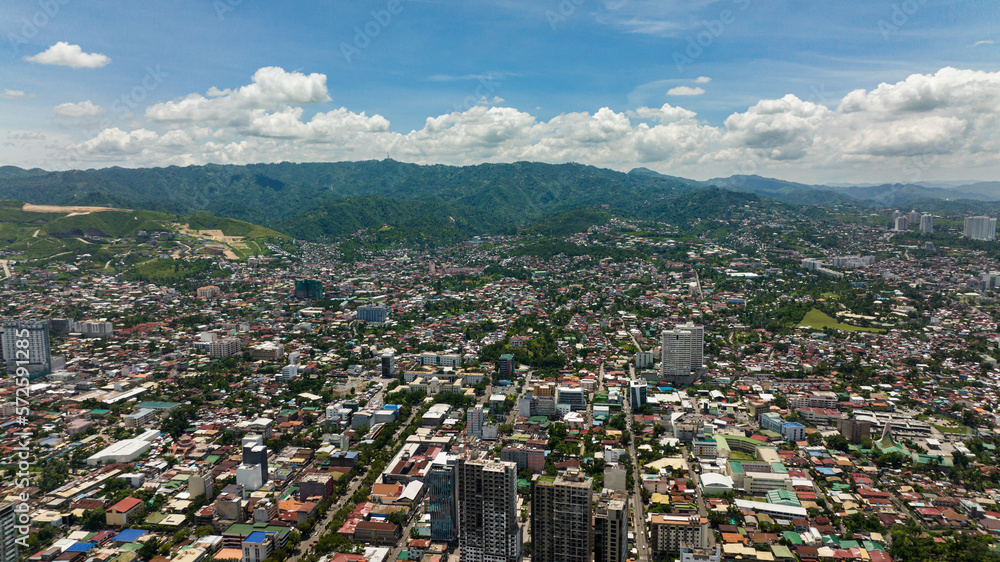 Aerial drone of buildings and skyscrapers in Cebu city. Cityscape in ...