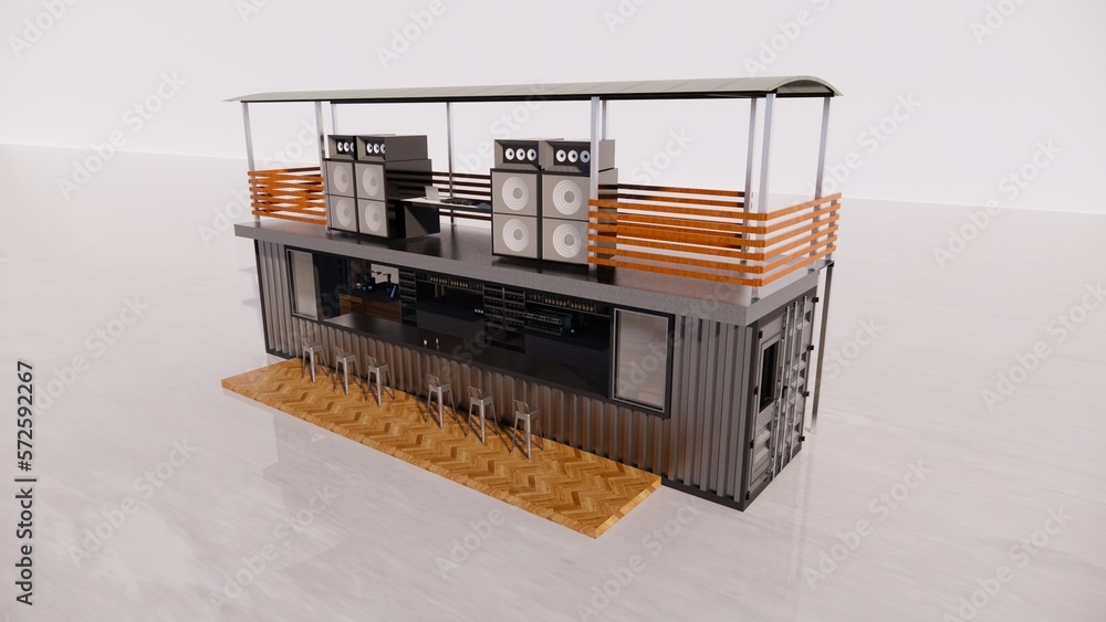 40 feet container 2 floors with Dj at the top 3d rendering realistic ...