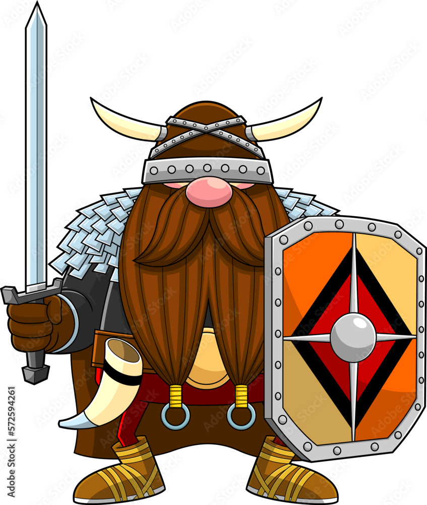 Gnome Viking Warrior Cartoon Character With Sword And Shield. Vector ...