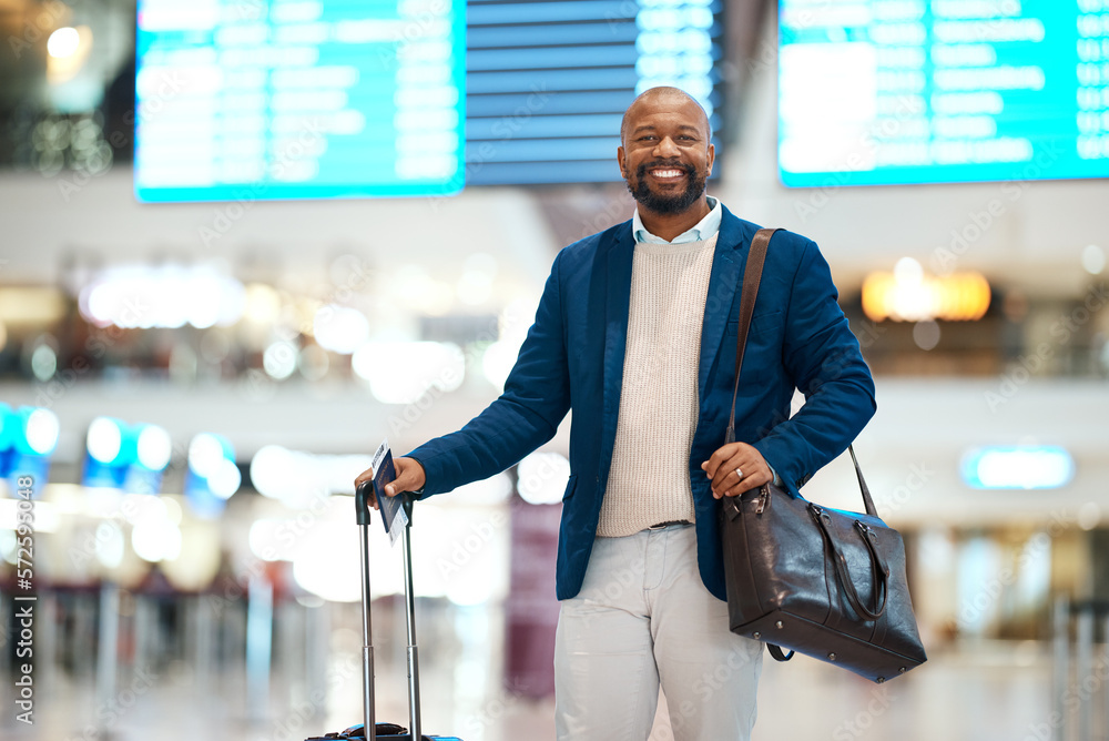 Portrait of black man, airport and smile with luggage and flight ...