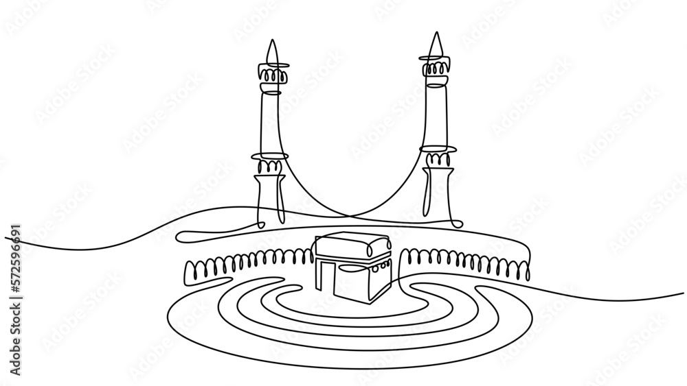 One line drawing of kaaba isolated on white background. Continuous ...