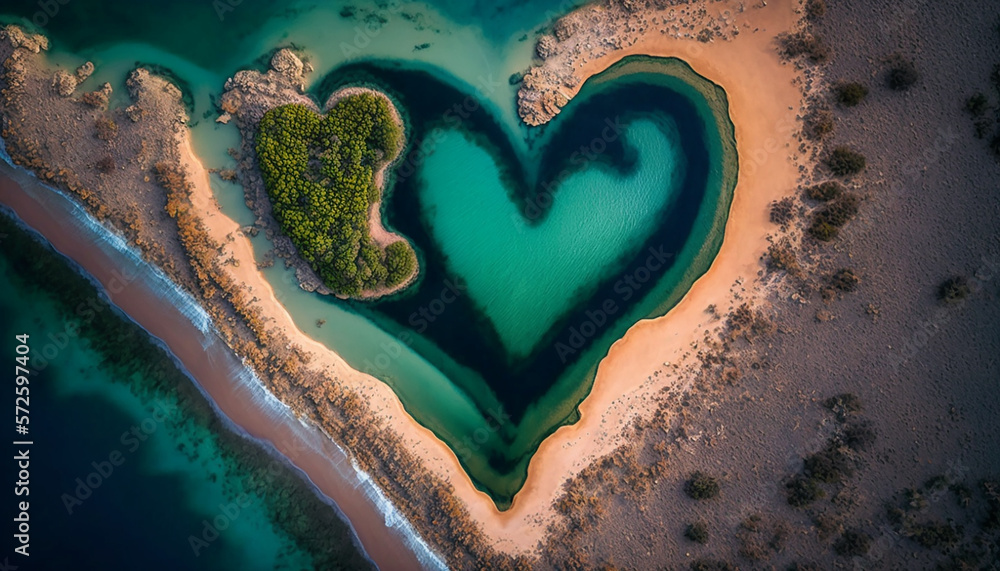 Crique en forme de coeur, plage, forêt, illustration de fond, vue ...
