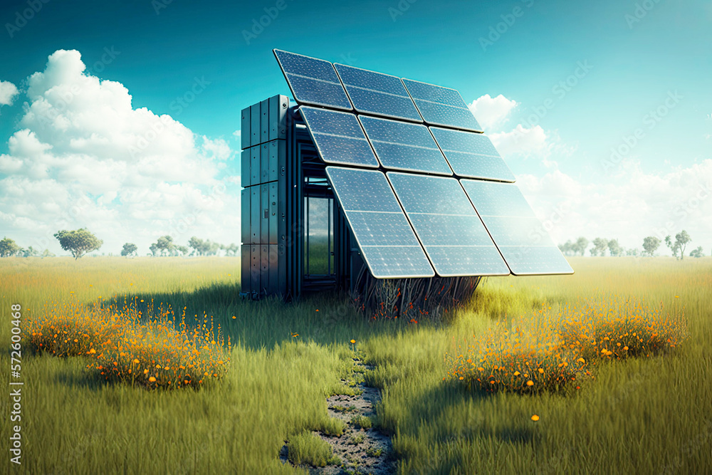 Solar panels on the field with green grass. Solar power plant ...