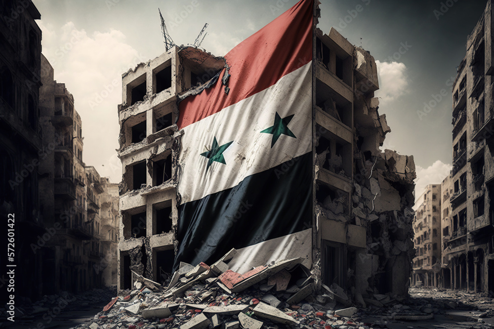 Ruined, destroyed buildings with Syria flag on it, house after ...