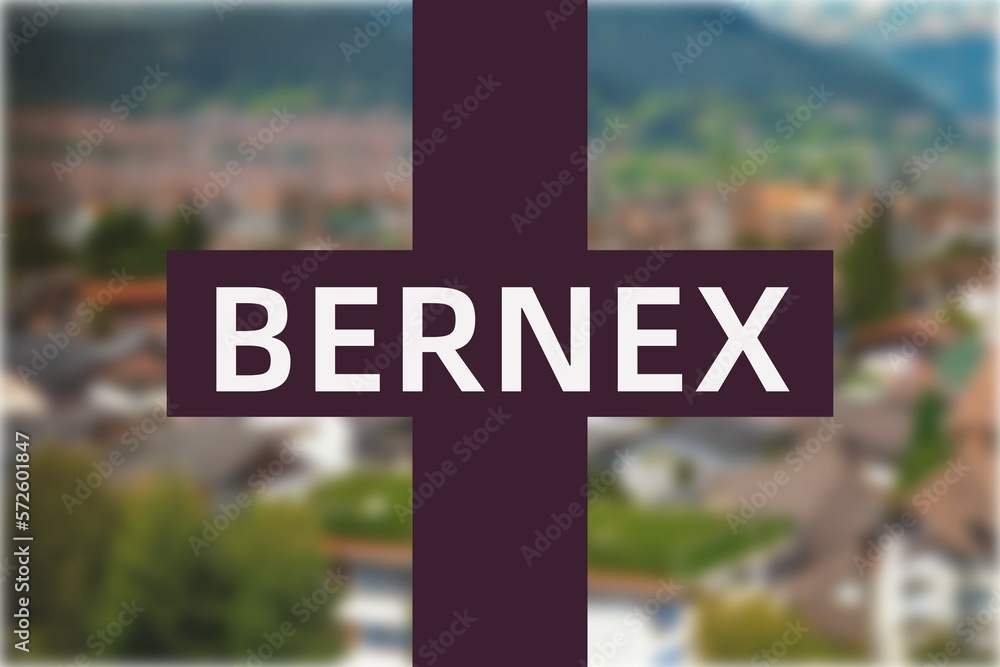 Bernex: Der Name der schweizer Stadt Bernex im Kanton Genève vor einem Hintergrundbild Stock ...