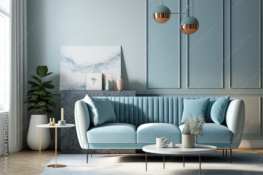 Interior design ideas for a modern living room with a light blue couch ...