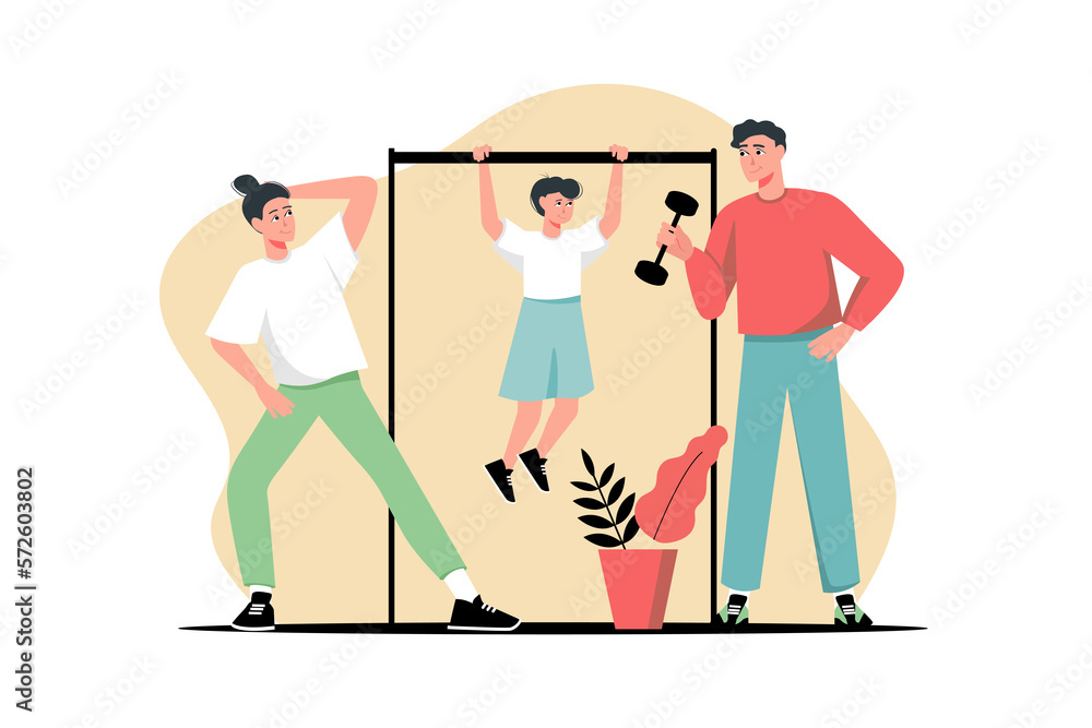 Healthy family concept with people scene in the flat cartoon style ...