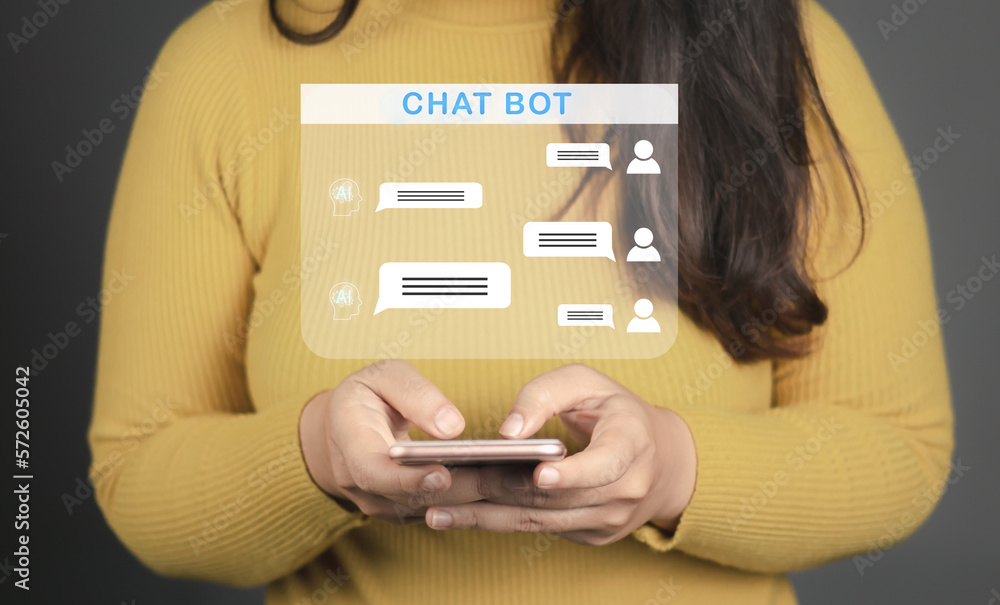 Chat Bot Chat with AI, Artificial Intelligence. woman using technology ...