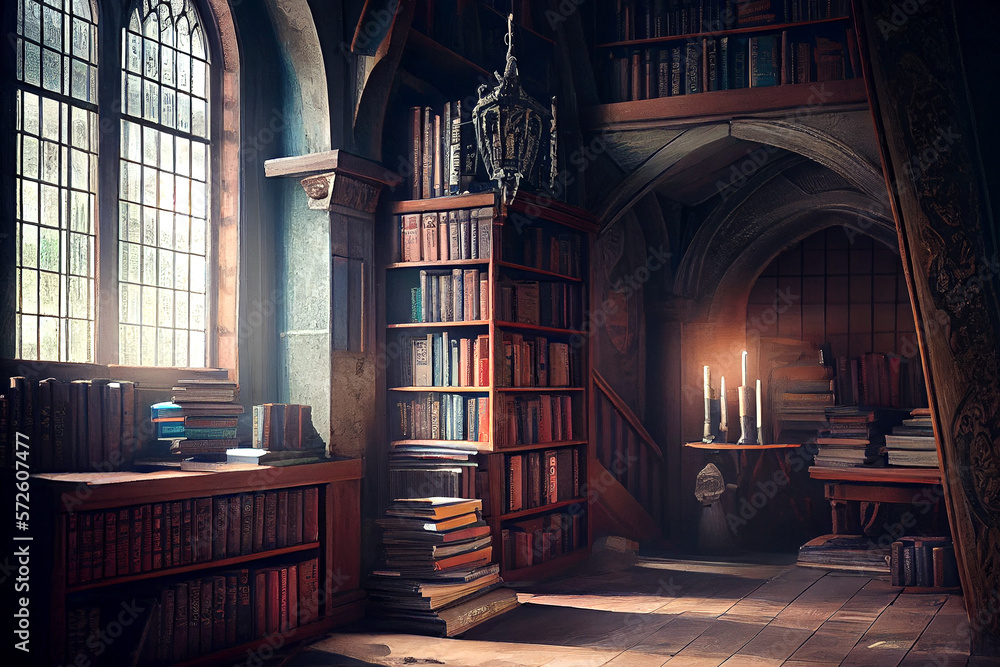 Medieval library, generative ai illustration Stock Illustration | Adobe ...