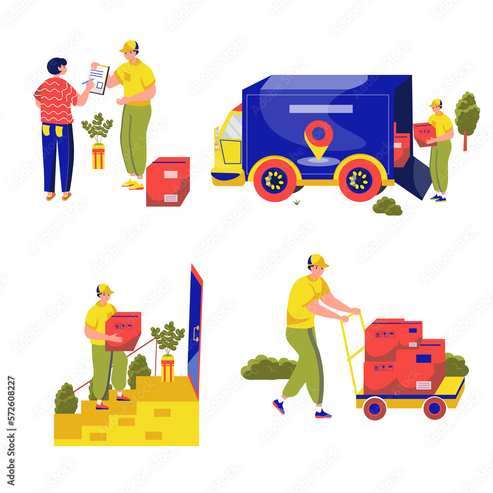 Delivery set concept with people scene in the flat cartoon style ...