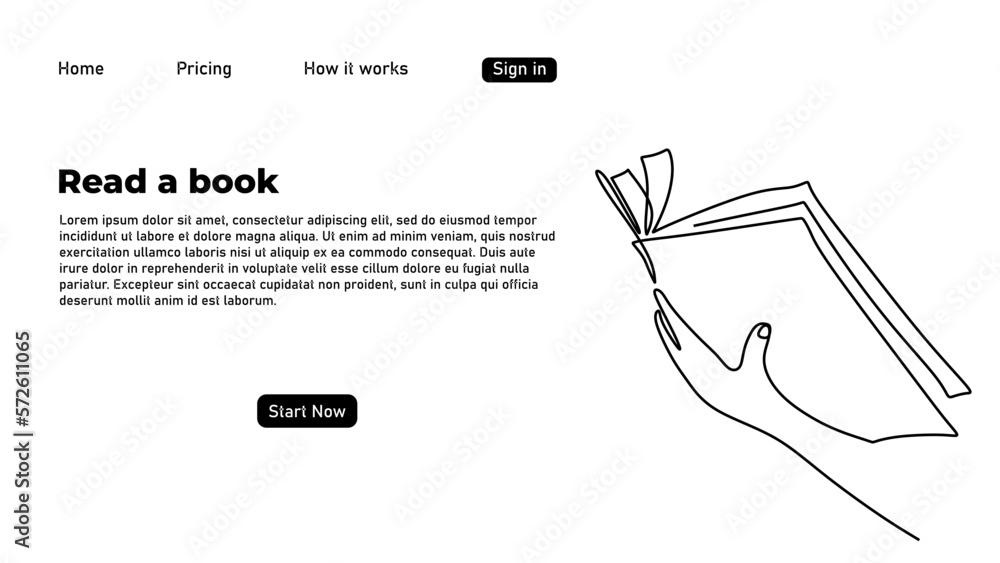 One continuous single line drawing of reading book landing page web ...