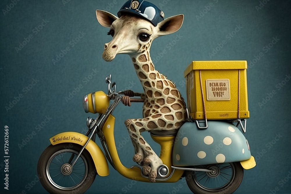 A very cute giraffe is aiming, riding a motorcycle, and delivering ...