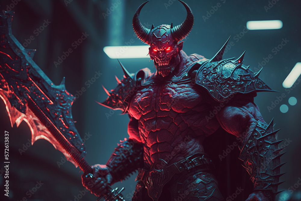 massive red demon warrior in armor and with a sword, created by a ...