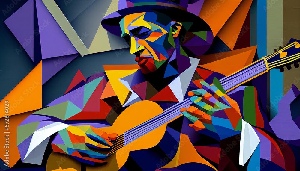 Afro-American male musician guitarist playing a guitar in an abstract ...