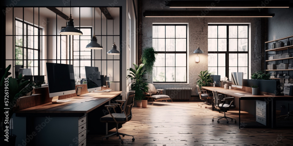 coworking office with industrial loft design, with desks and ...