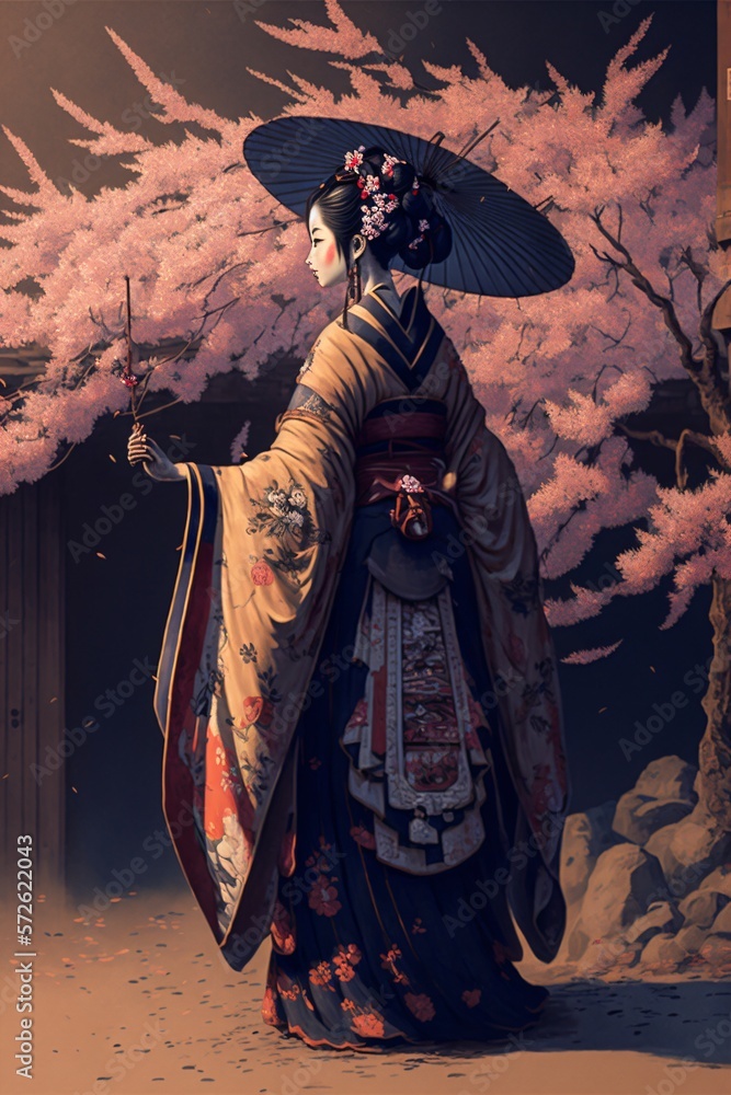 Japanese Geisha With Sakura Flowers Woman In Kimono Fictional Person