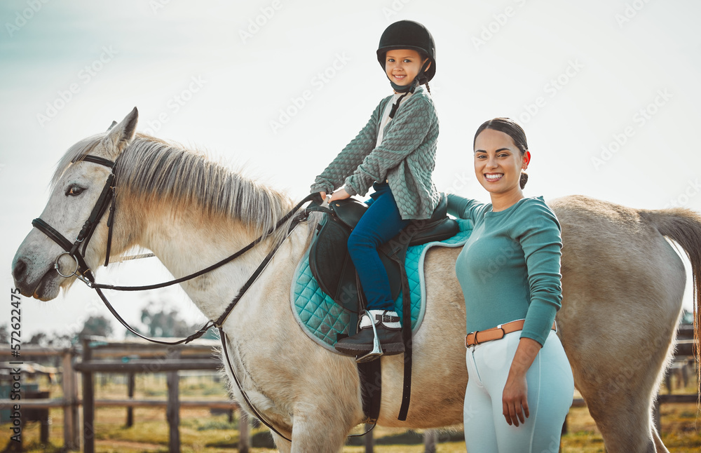 .Portrait of woman standing, child on horse and ranch lifestyle with ...