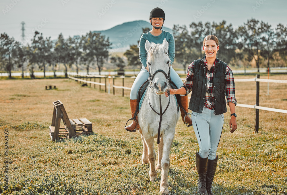.Horse, portrait and mockup with a woman coach training a student on ...