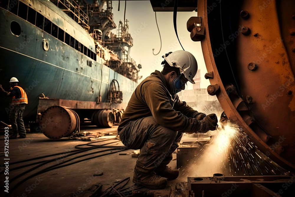Welder at work on shipbuilding, shipyard, heavy industry, ai generative ...