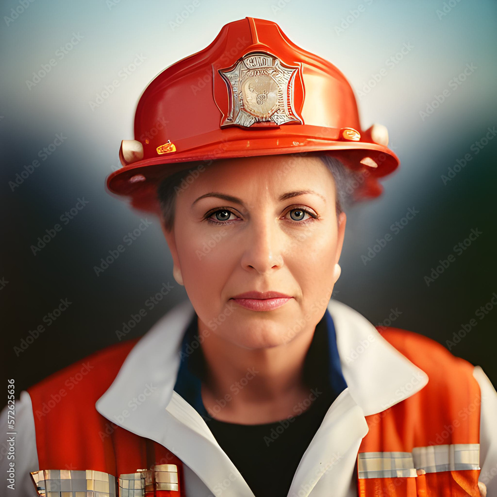 Portrait of a seasoned female firefighter and fire chief, created with ...
