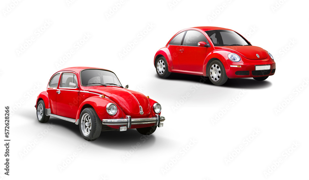 VW new Beetle & VW Beetle classic car, side view isolated on white ...