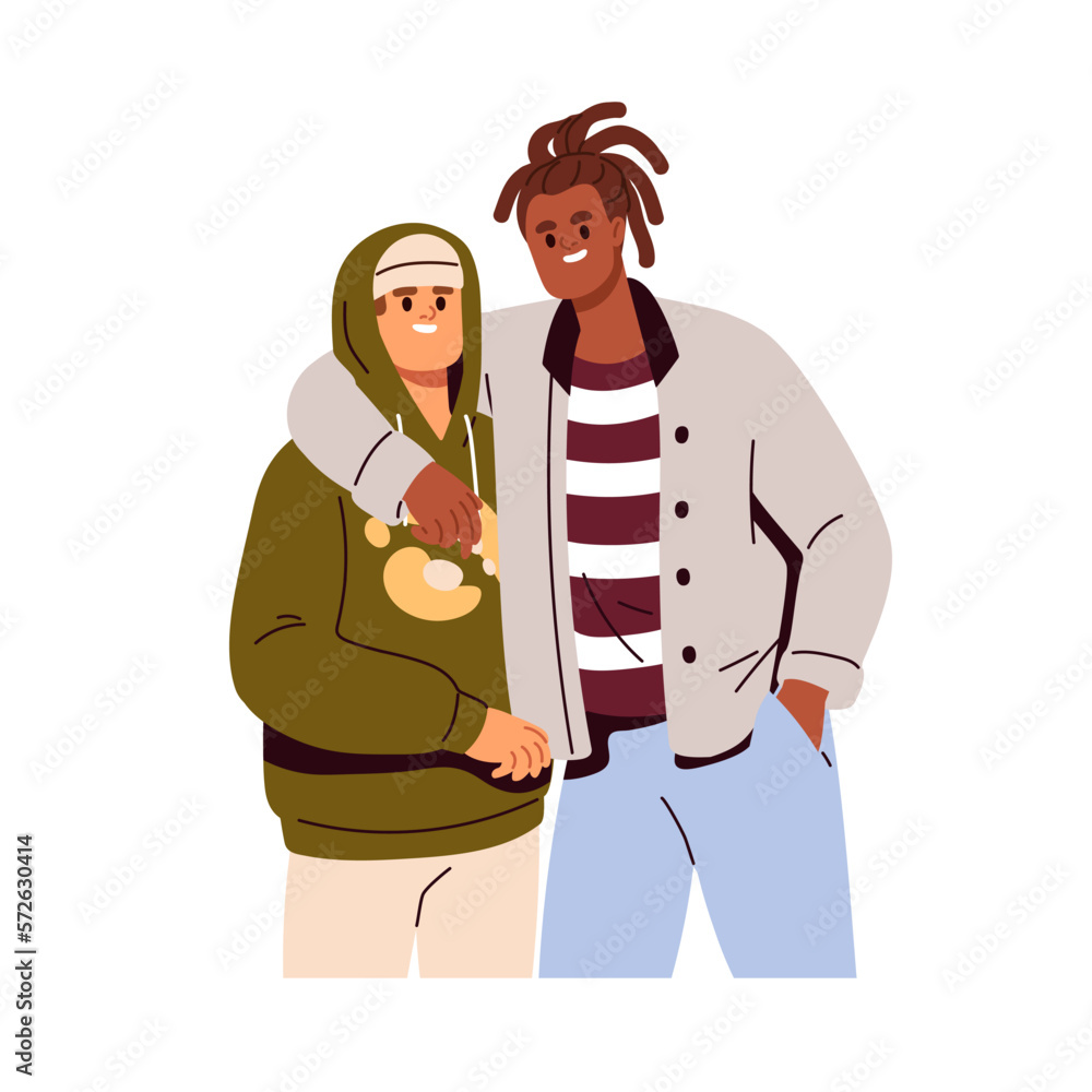 Two men, best friends embracing. Happy male characters, interracial ...