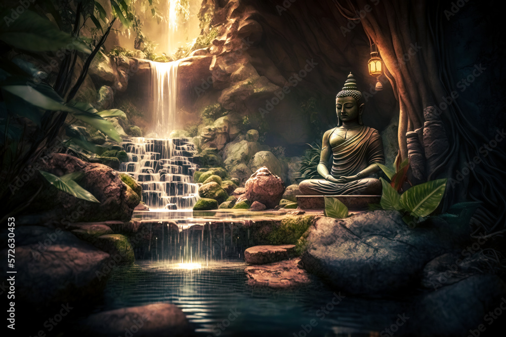 Zen garden with buddha statue and lotus flower. Generative AI, Marc Andreu Foto, Poster ...