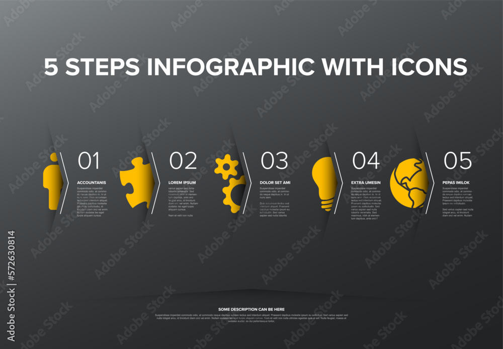 Vector five steps progress or options template with big icons on dark ...
