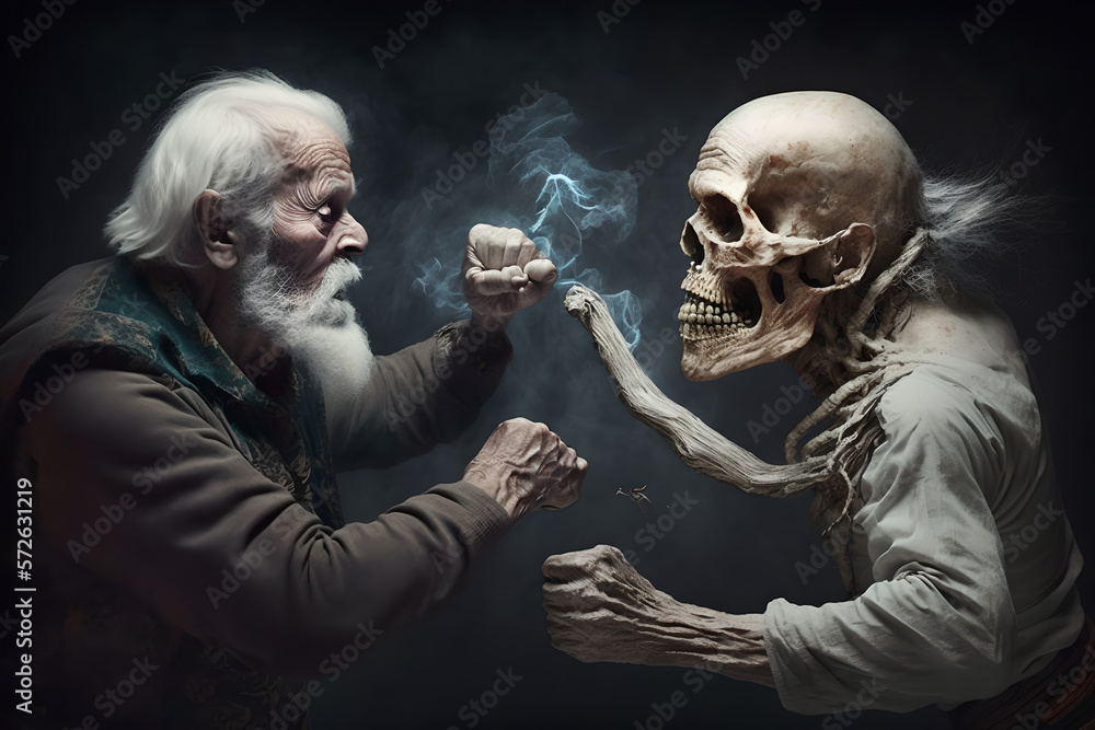 An old man is holding his own mortality in front of his face, facing it ...
