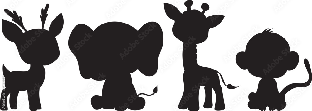 cartoon animals elephant, giraffe, monkey silhouette collection ...
