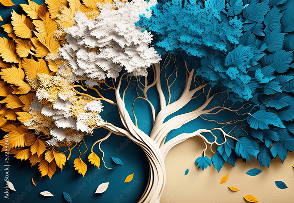 Colorful tree with leaves on hanging branches of blue, white and golden ...