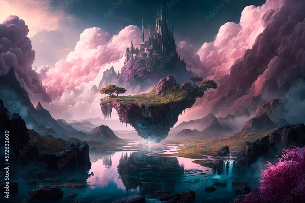 Fantasy kingdom in a floating island in the sky, clouds, waterfalls ...