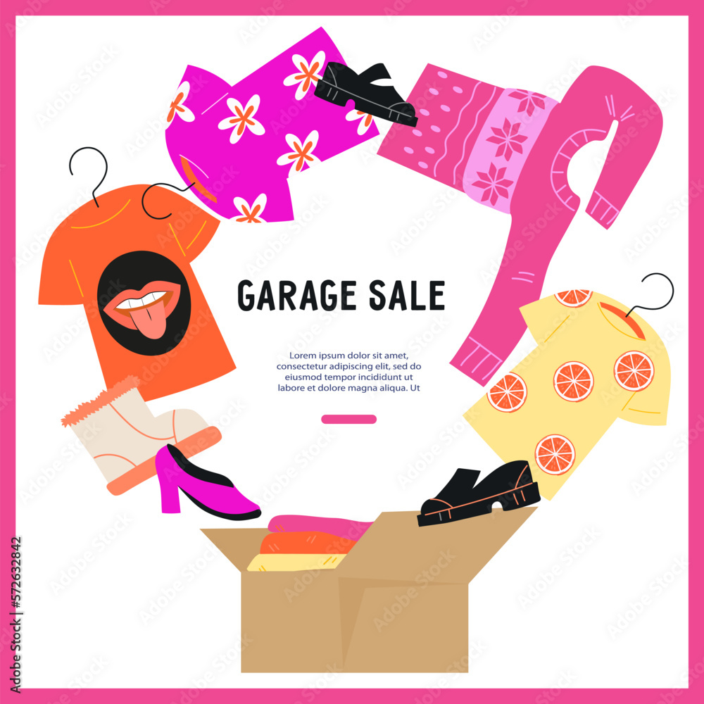 Garage sale or flea market banner or poster design with assorted ...